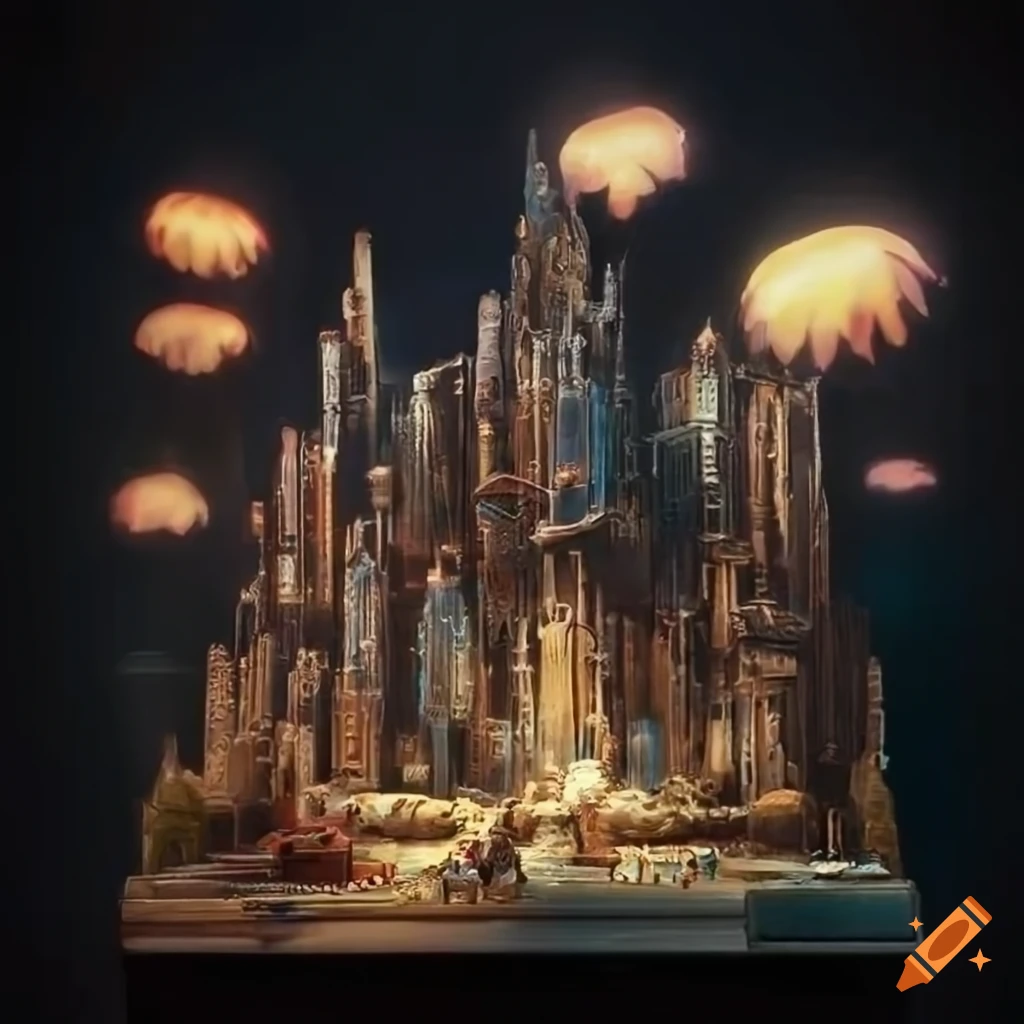 Futuristic cityscape diorama with intricate layering and sharp focus on ...