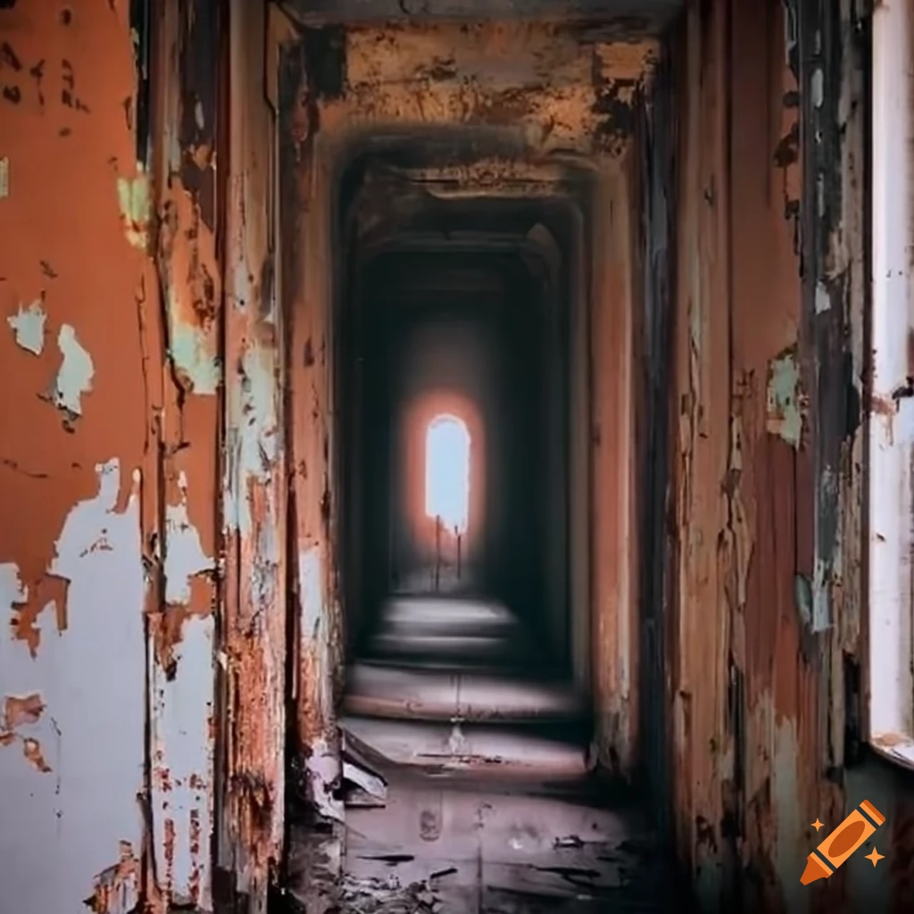 Foggy industrial rust with peeling paint and endless hallways on Craiyon