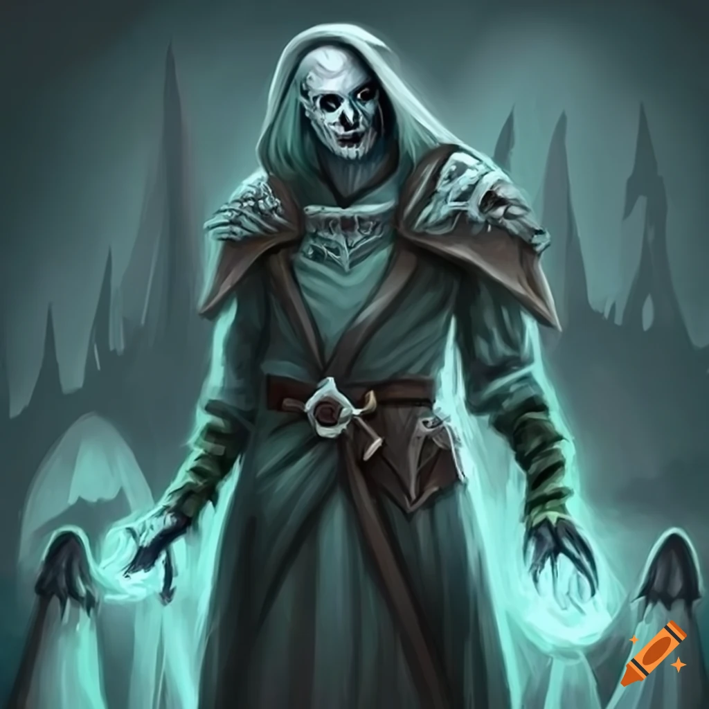 Male necromancer with pale skin and black eyes surrounded by ghosts on ...
