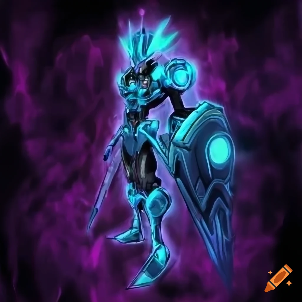 Cyborg blue neon warrior in yu-gi-oh card art on Craiyon