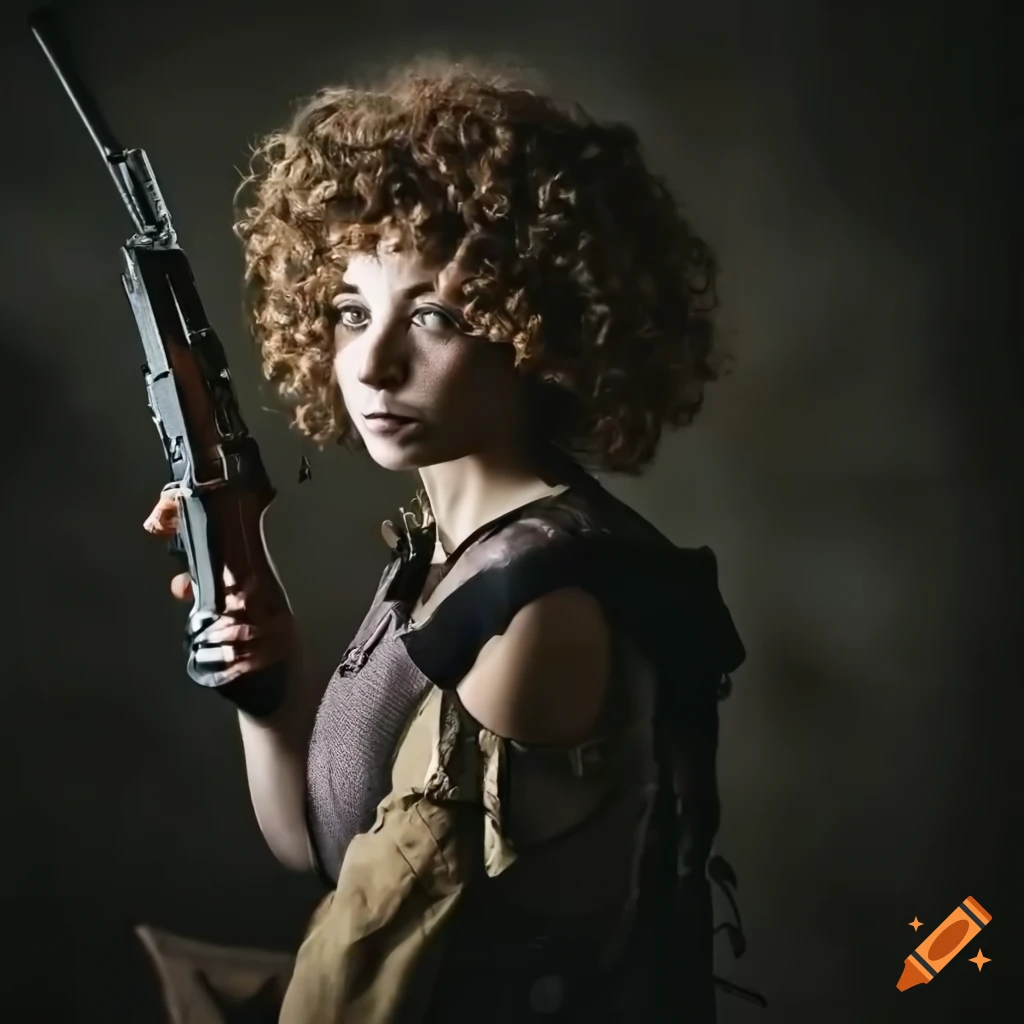 Courageous woman with curly hair in post-apocalyptic scene holding a ...