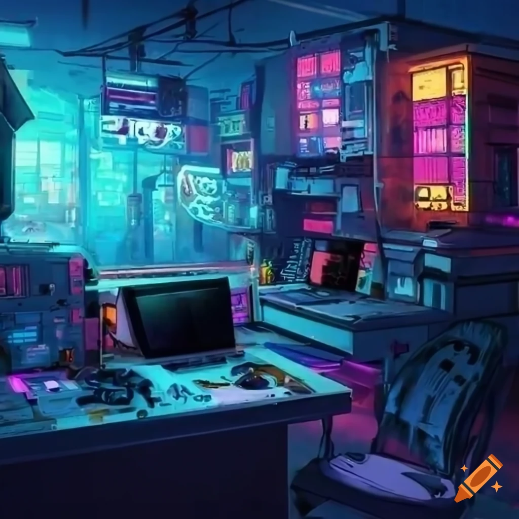 Cyberpunk workshop with computer workstation in a bedroom on Craiyon
