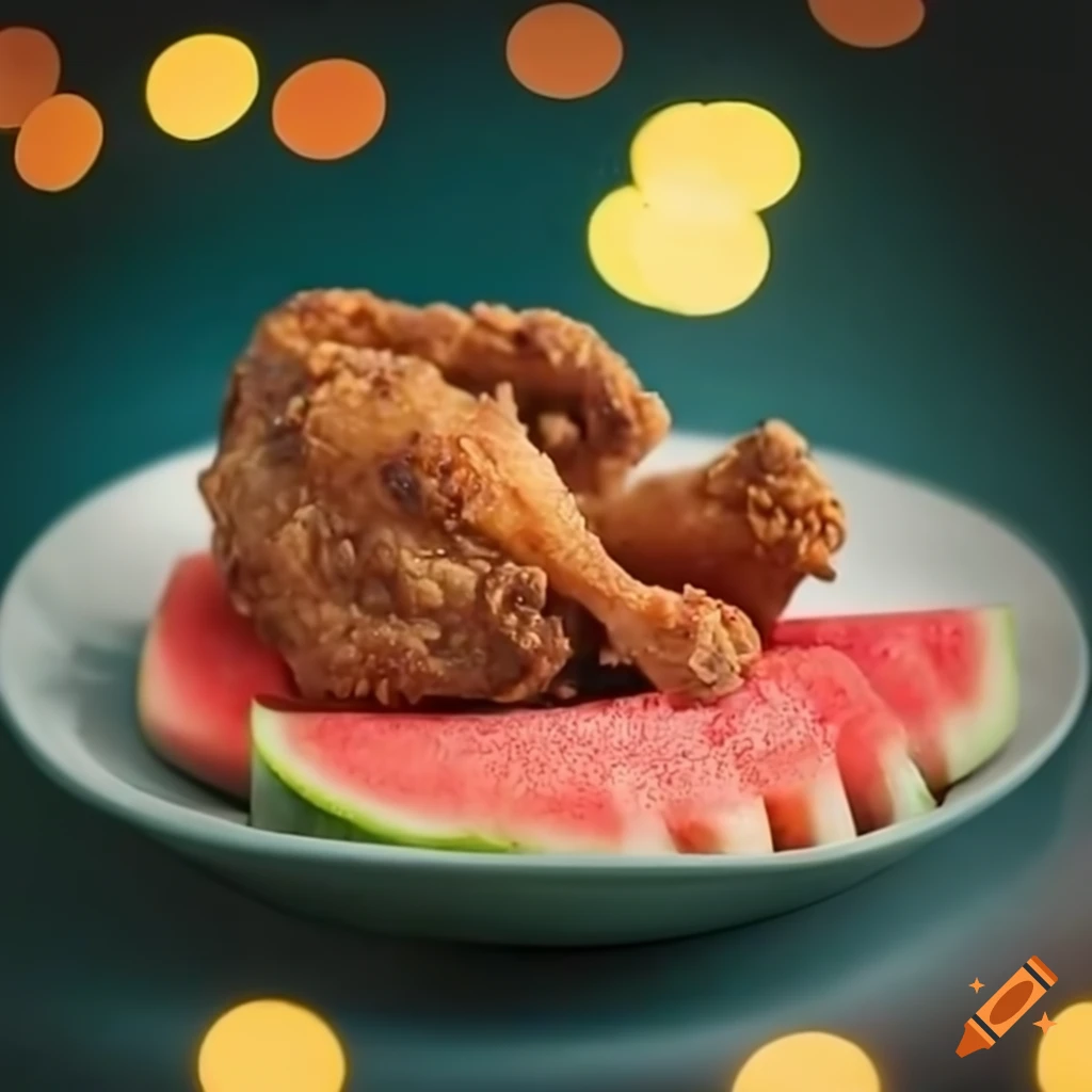 Plate of fried chicken with a side of watermelon on Craiyon