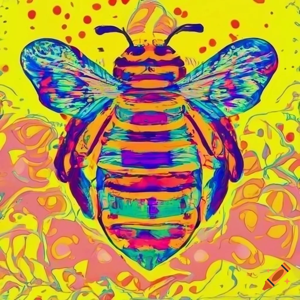 Stylized bee face with vibrant colors on a geometric linescape ...