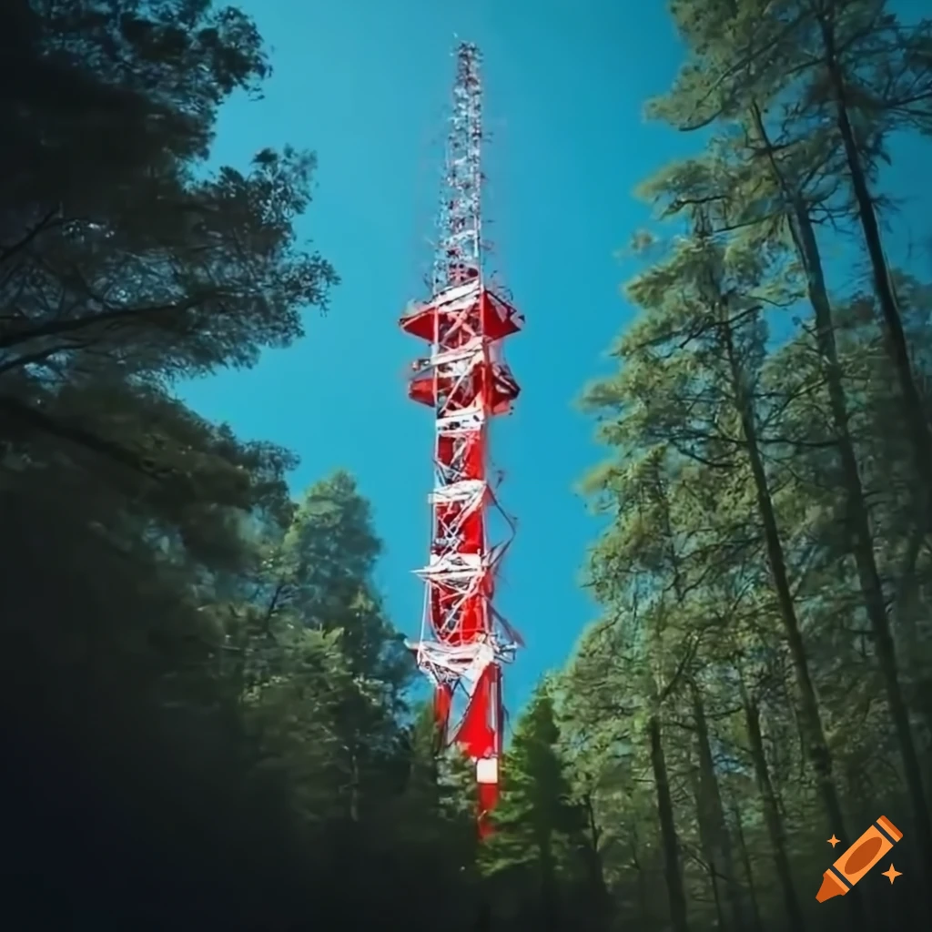 Red and white radio tower amidst the forest from a low angle on Craiyon