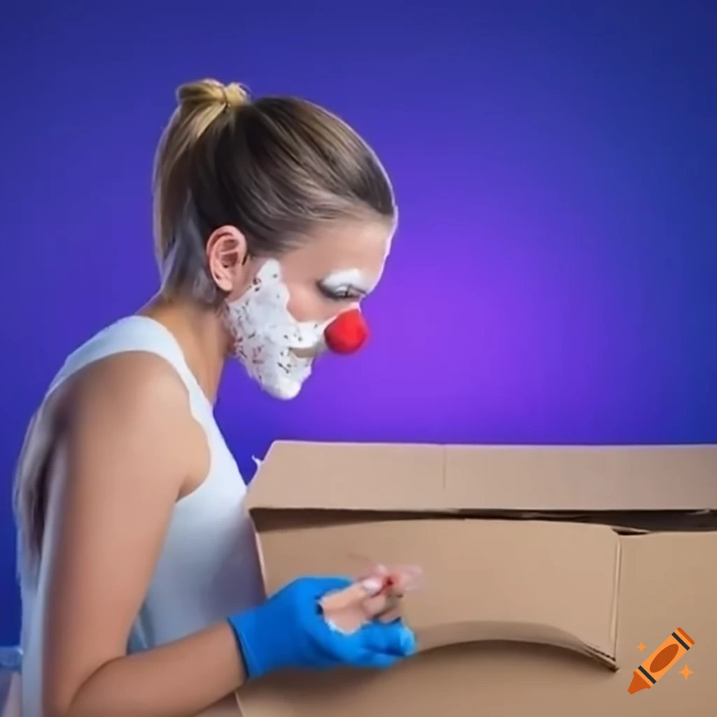 Young woman wearing clown nose looking into a cardboard box with ...