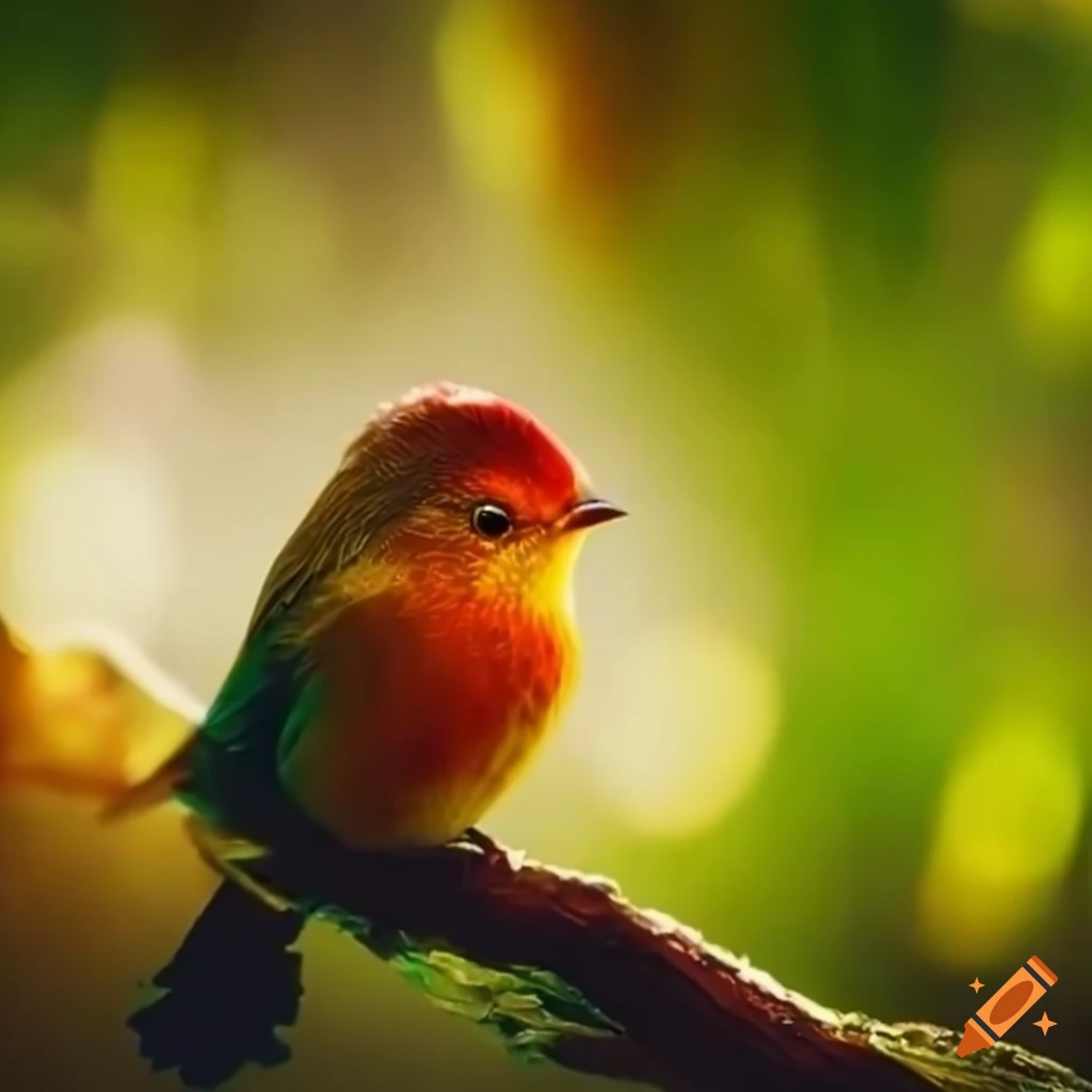 Colorful tiny honey birds in a magical forest with sunlight on Craiyon