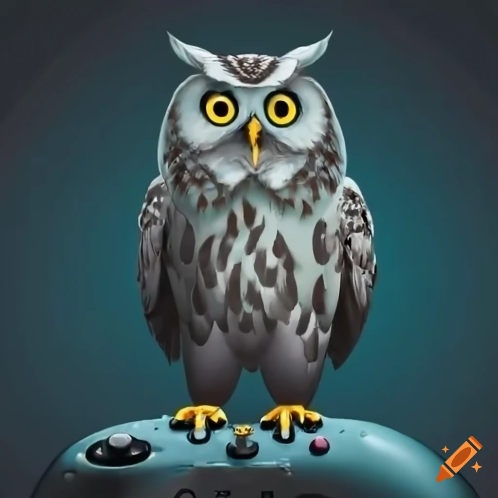 Owl playing video game on a controller on Craiyon
