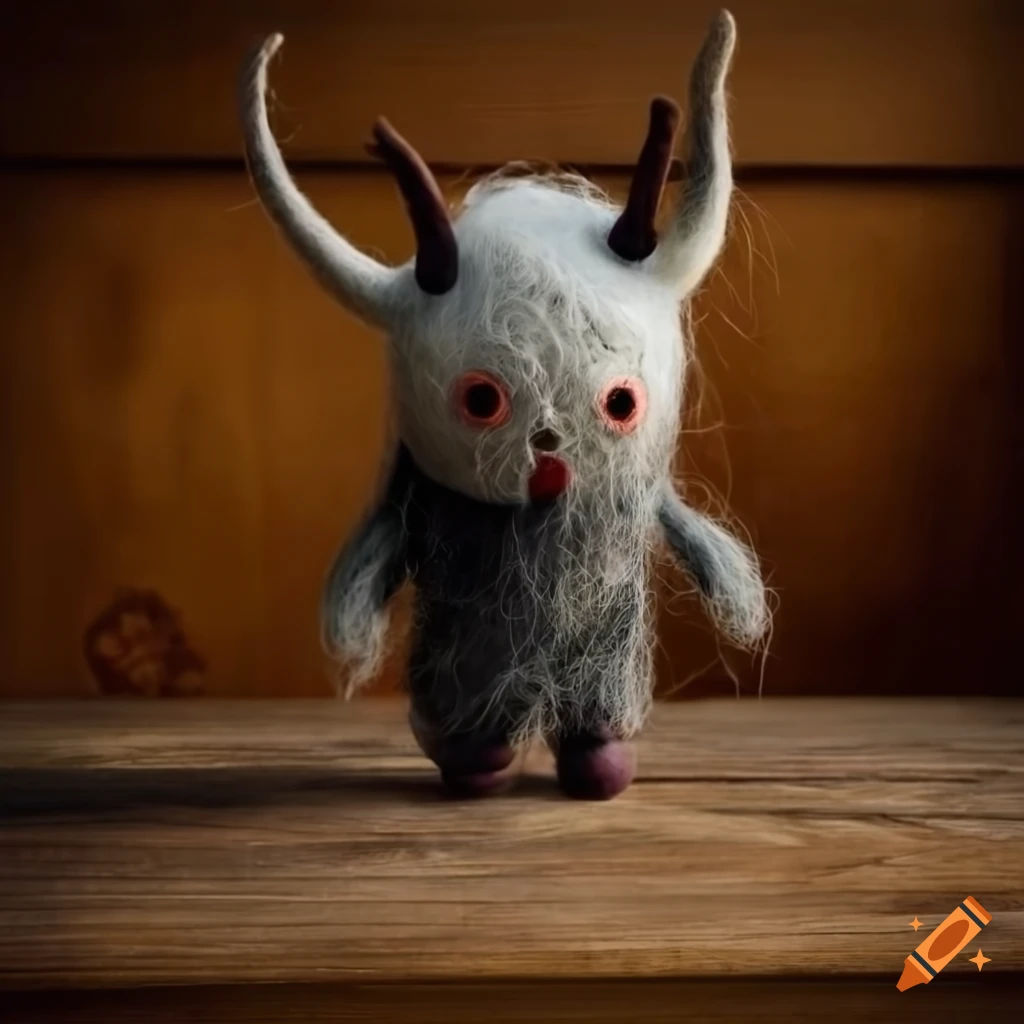 Felted wool horror creature with horns and frustrated expression on ...
