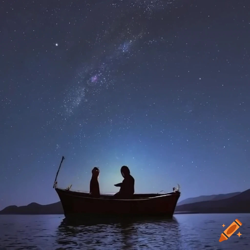 Romantic couple on a boat under a starry sky with the north star on Craiyon