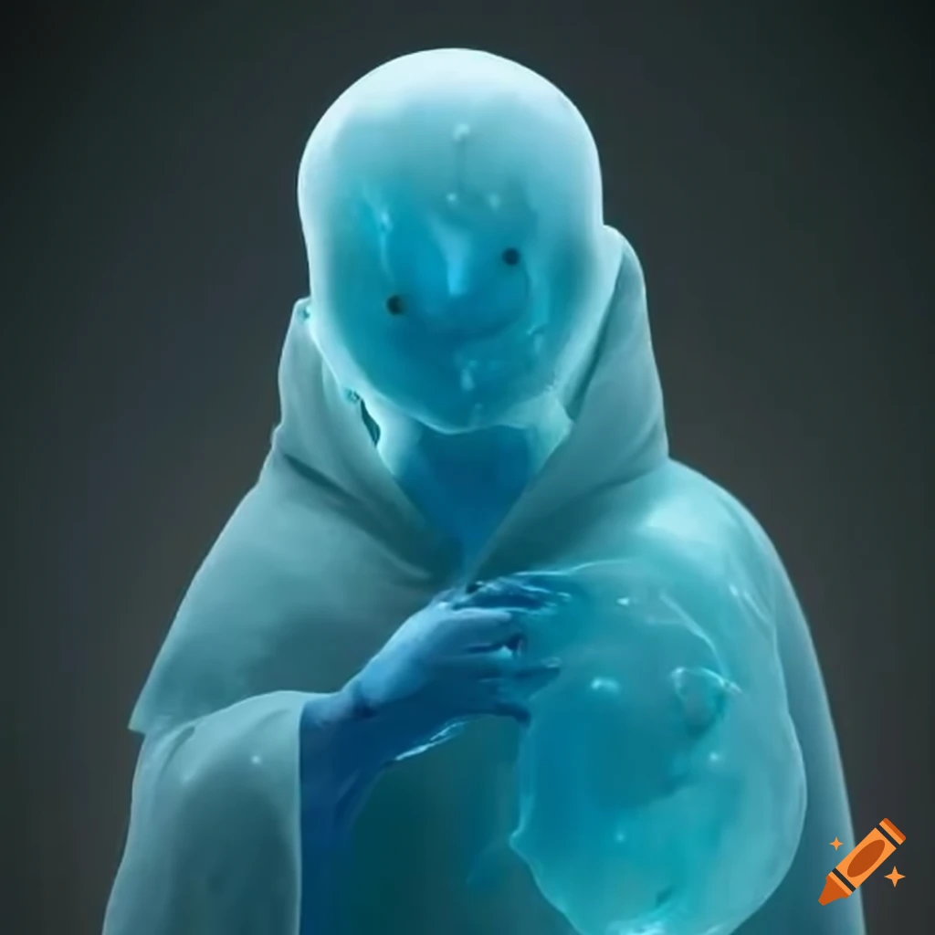 Translucent blue slime person in monk robes with a quarterstaff on Craiyon