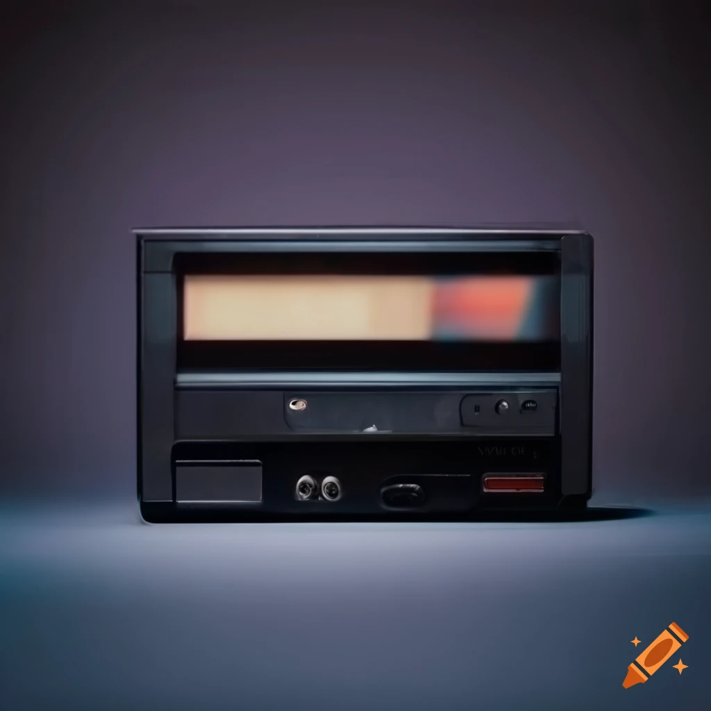 Front view of a vhs tape recorder with display and tape slot on Craiyon