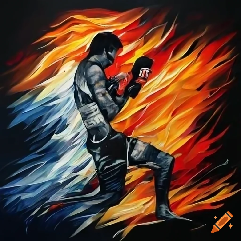Abstract knife painting of two mma fighters in fire and water on Craiyon