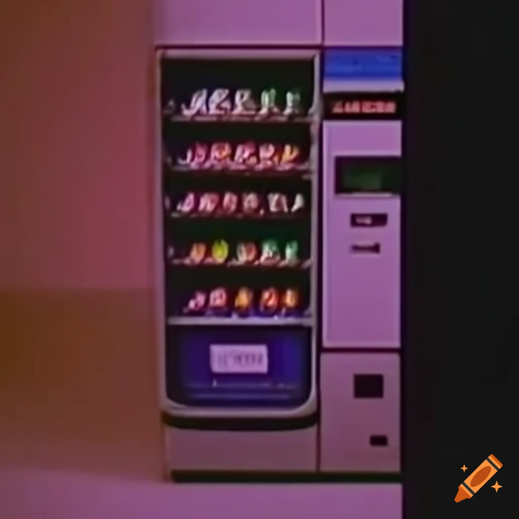 Highly detailed front view of a vending machine in 90s vhs footage on ...