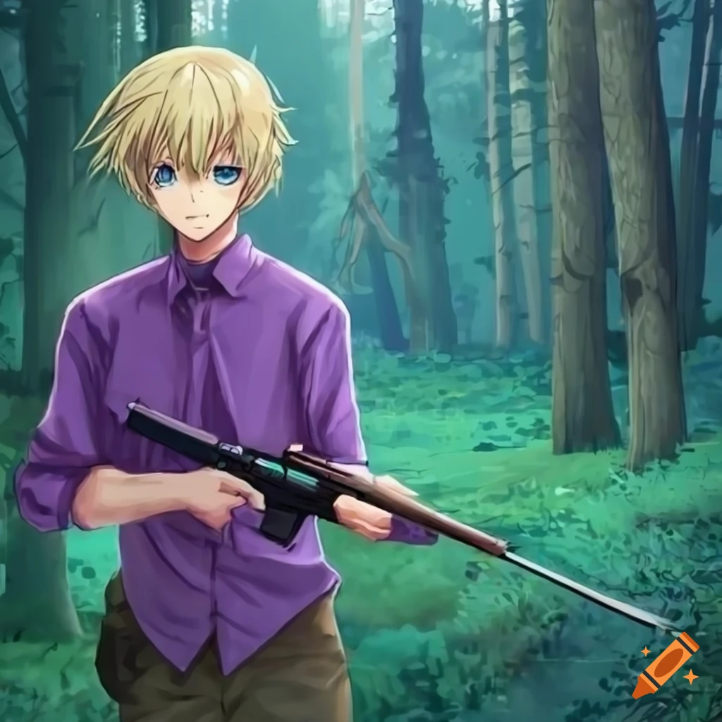 Blond manga character with a sniper rifle in a serene forest setting on ...