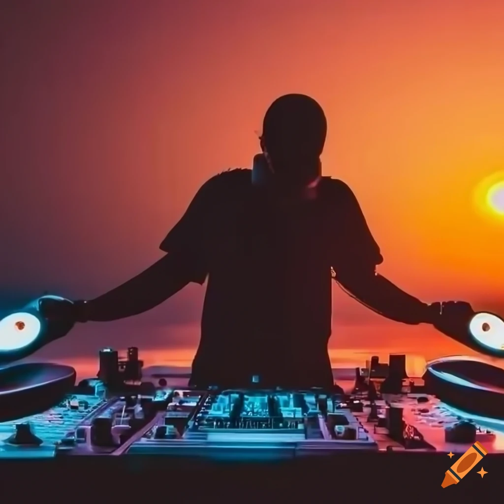 DJ setup with desert sunset in the background on Craiyon