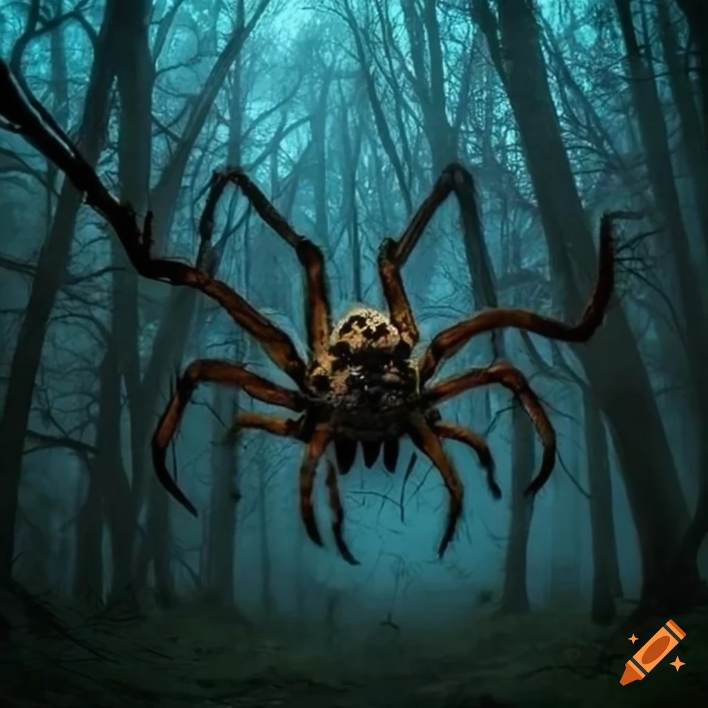 Giant spider hunting in a dark scary forest at night on Craiyon