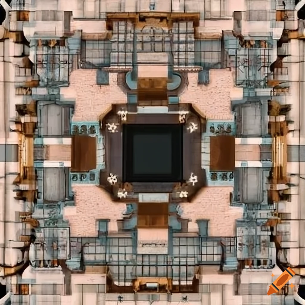 Top-down view of a castle courtyard with grid on Craiyon