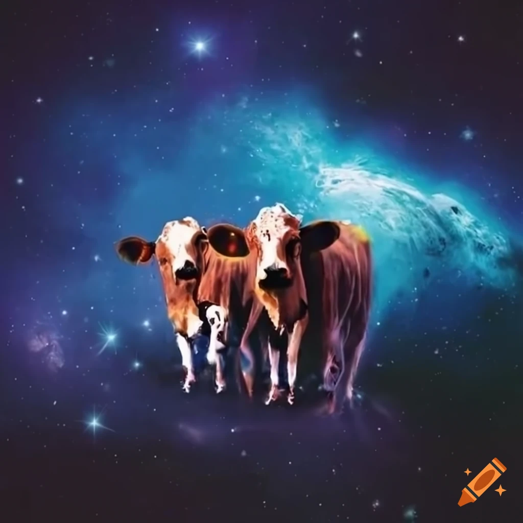 Herd of cows in outer space surrounded by a gas cloud on Craiyon