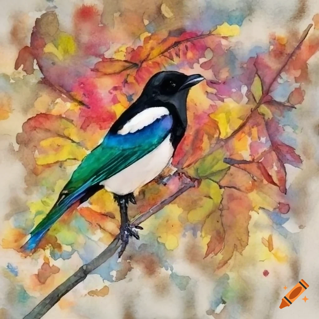 Magpie on a branch with colorful autumn leaves in watercolor on Craiyon