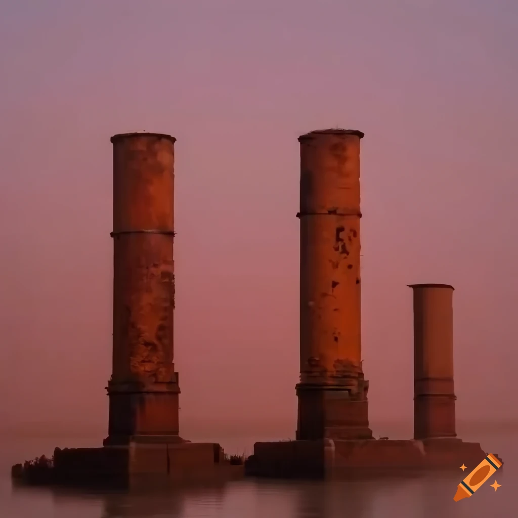 Rusty industrial pillars and red bricks sinking into glistening water ...