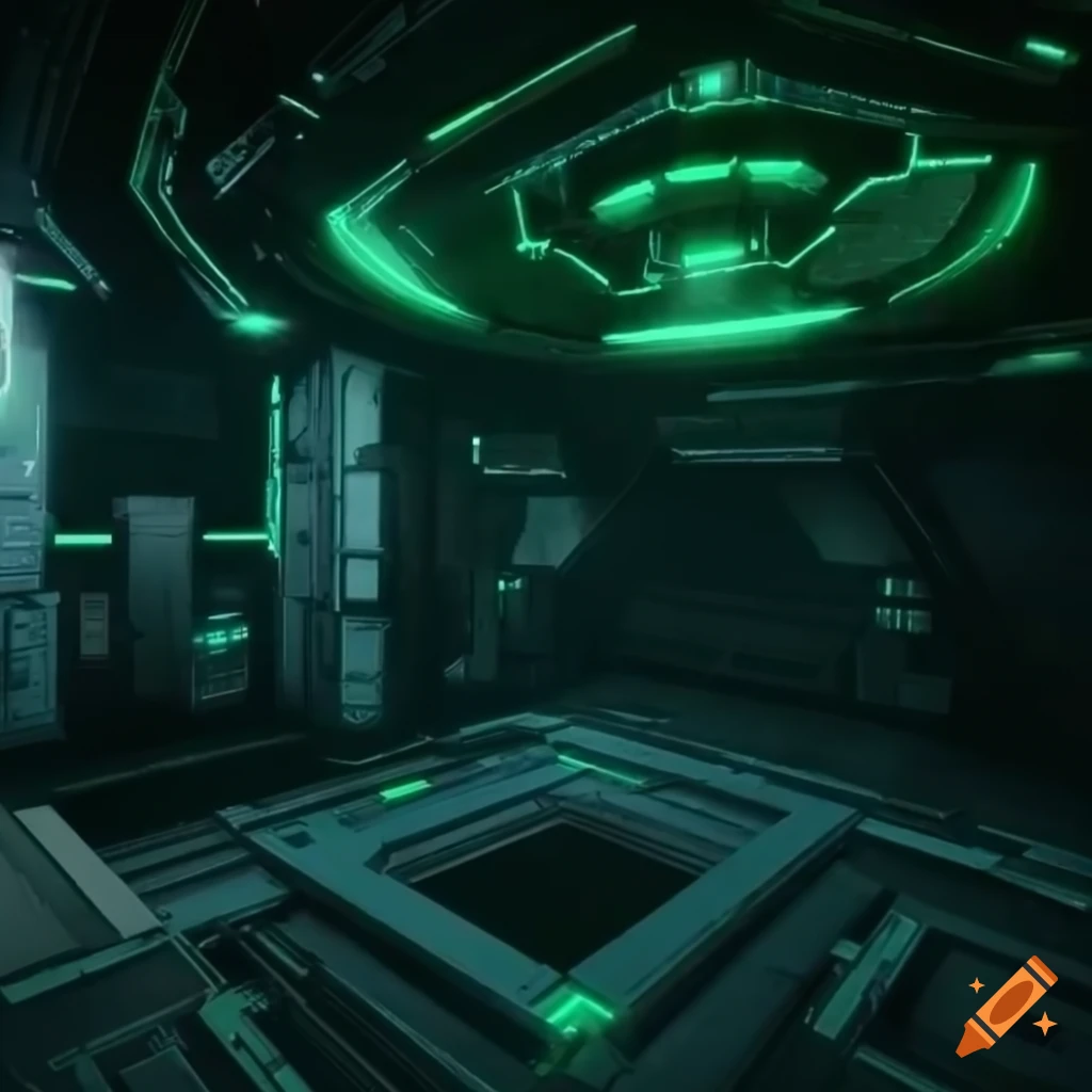 Sci-fi military room with hologram map table, computers, and green ...