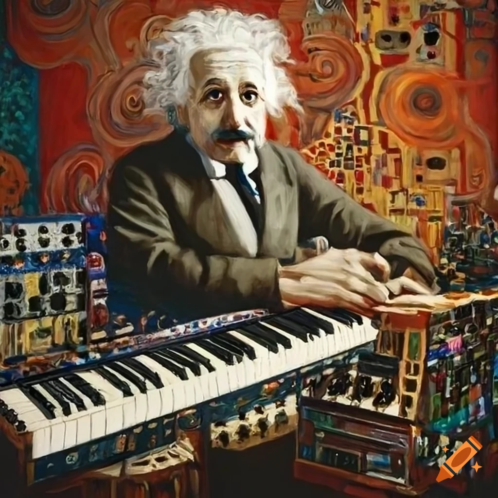 Albert einstein with a modular synthesizer in the style of gustav klimt ...
