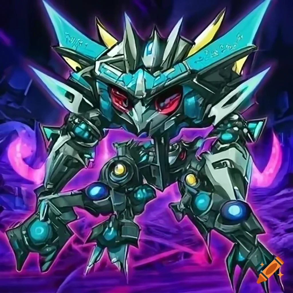 Yu-gi-oh anime machine monster in a futuristic setting on Craiyon