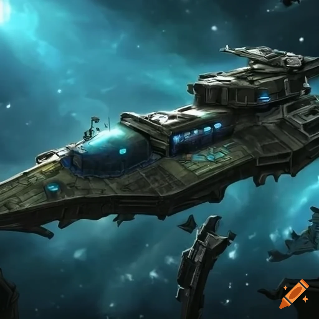 Illustration of a spaceship in a starfinder rpg setting on Craiyon