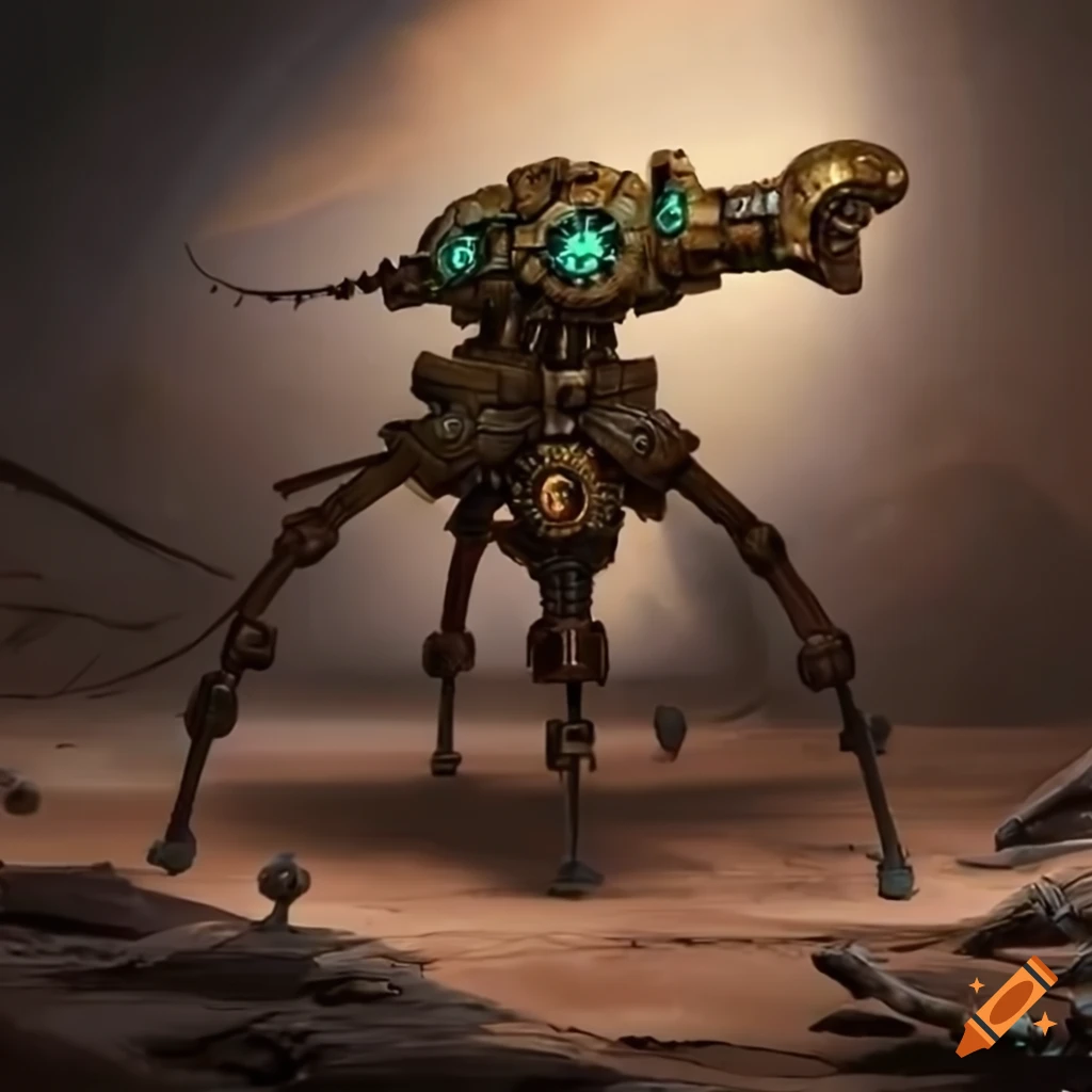 Futuristic steampunk warforged protoss tripod walker on martian soil on ...