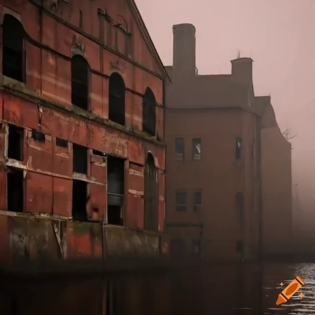 Close-up of crumbling abandoned Edwardian factory buildings sinking ...