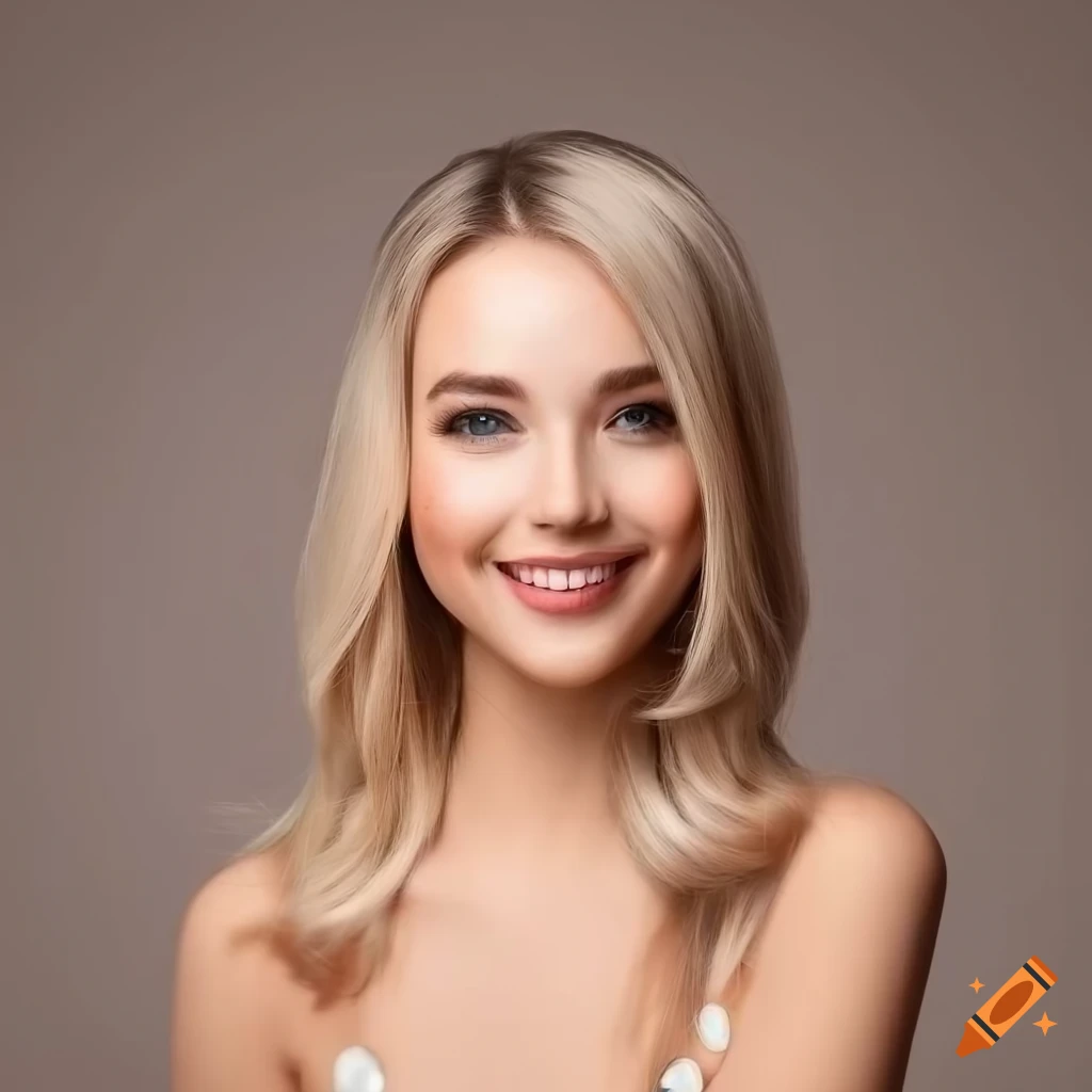 Beautiful young woman with shy smile and shoulder-length blonde hair on Craiyon