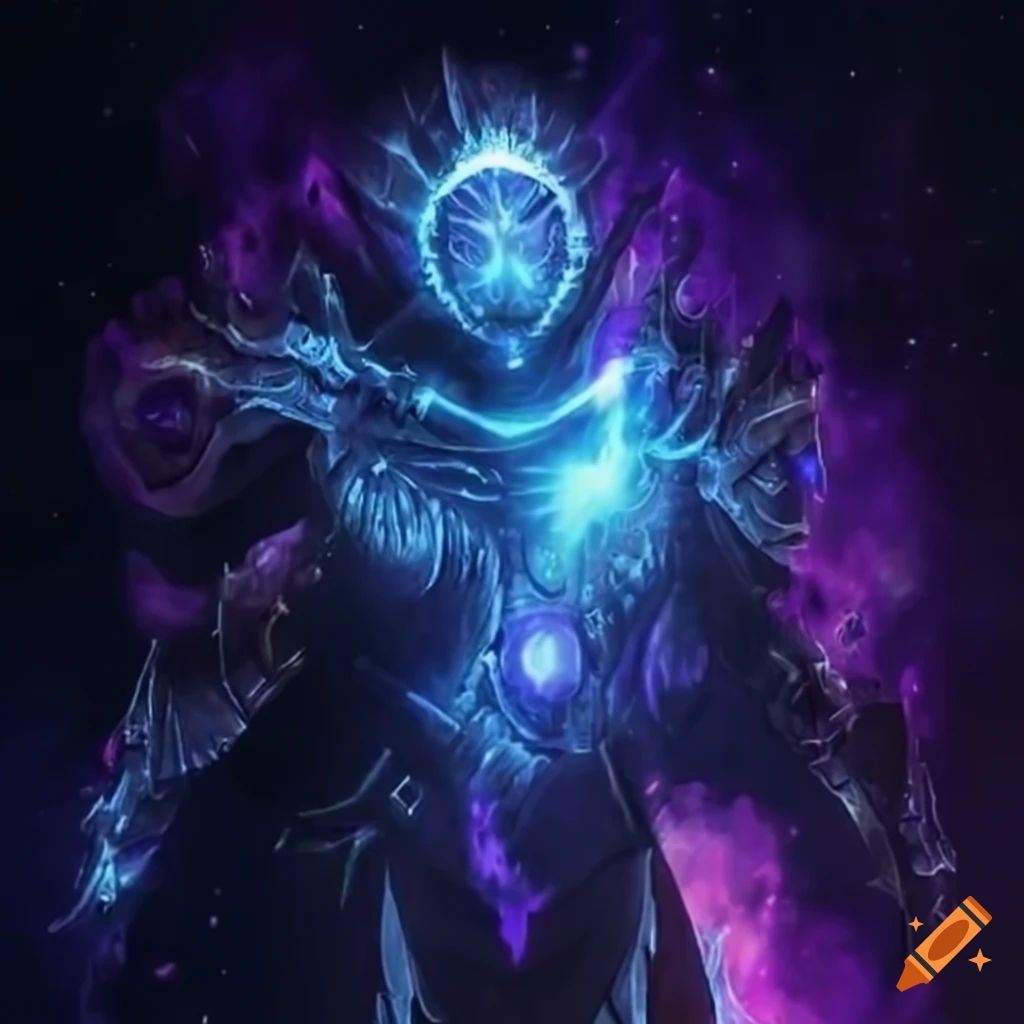 Warrior in cosmic armor battling the forces of darkness in a mystical ...