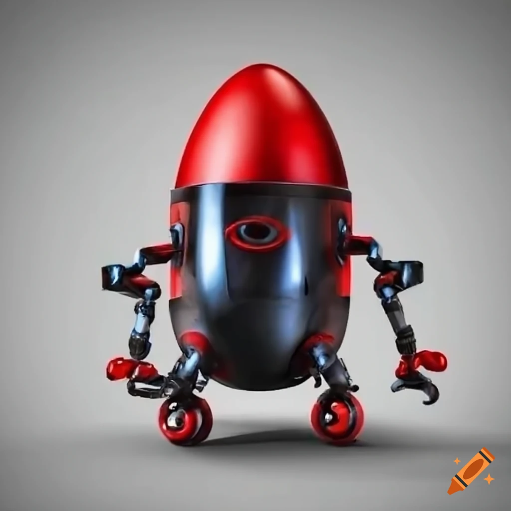 Red and black robot with 2 arms, 4 wheels, and black egg-shaped eyes on ...