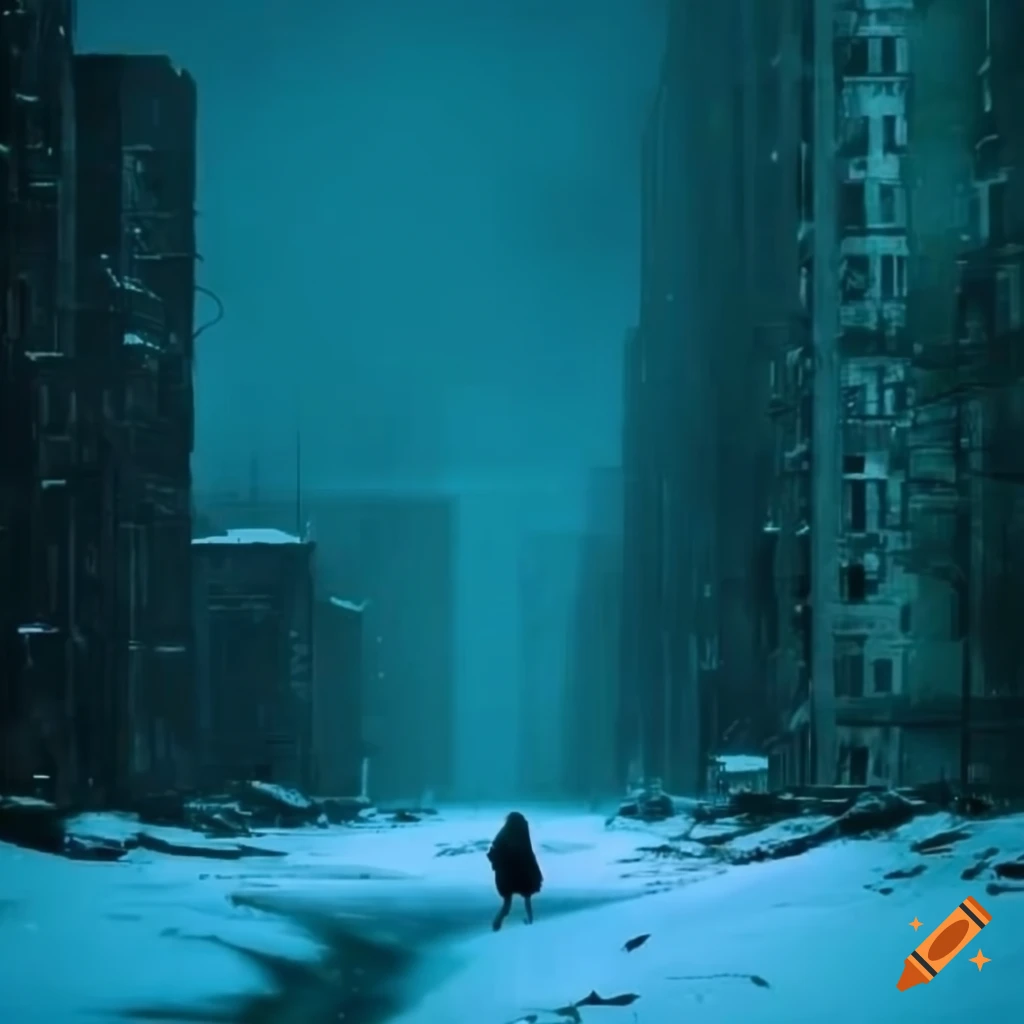 Desolate soviet brutalism city with sad girl in a dark and gloomy night ...