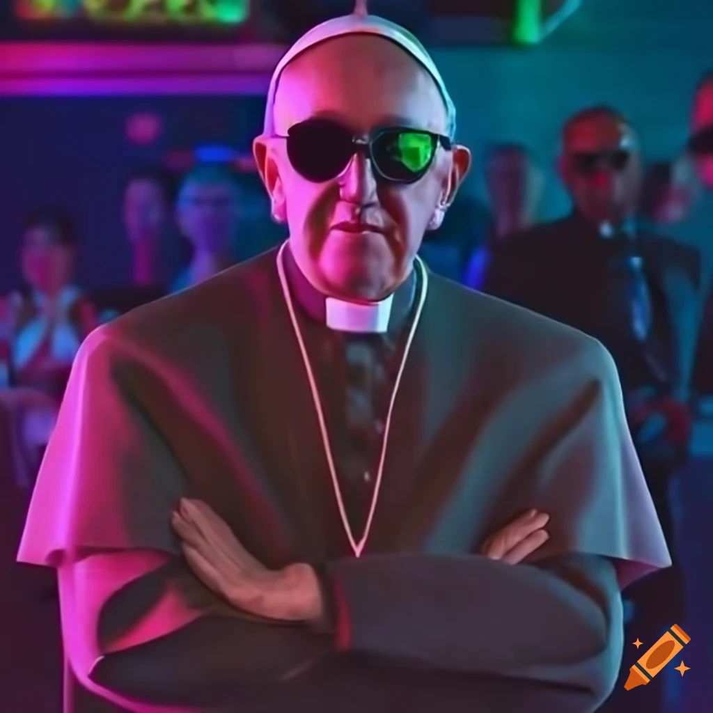 Muscular Pope Francis in a suit and sunglasses at a neon-lit nightclub ...