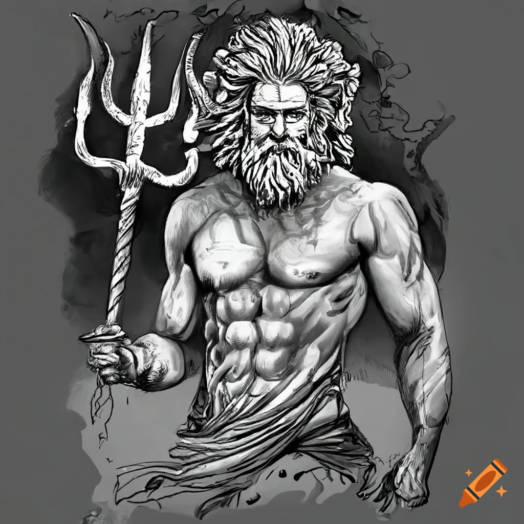 Poseidon god drawing in black ink on Craiyon