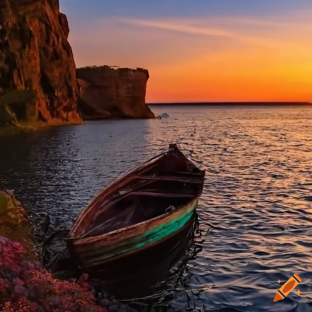 Old boat drifting from an old port at sunset with colorful flowers on ...