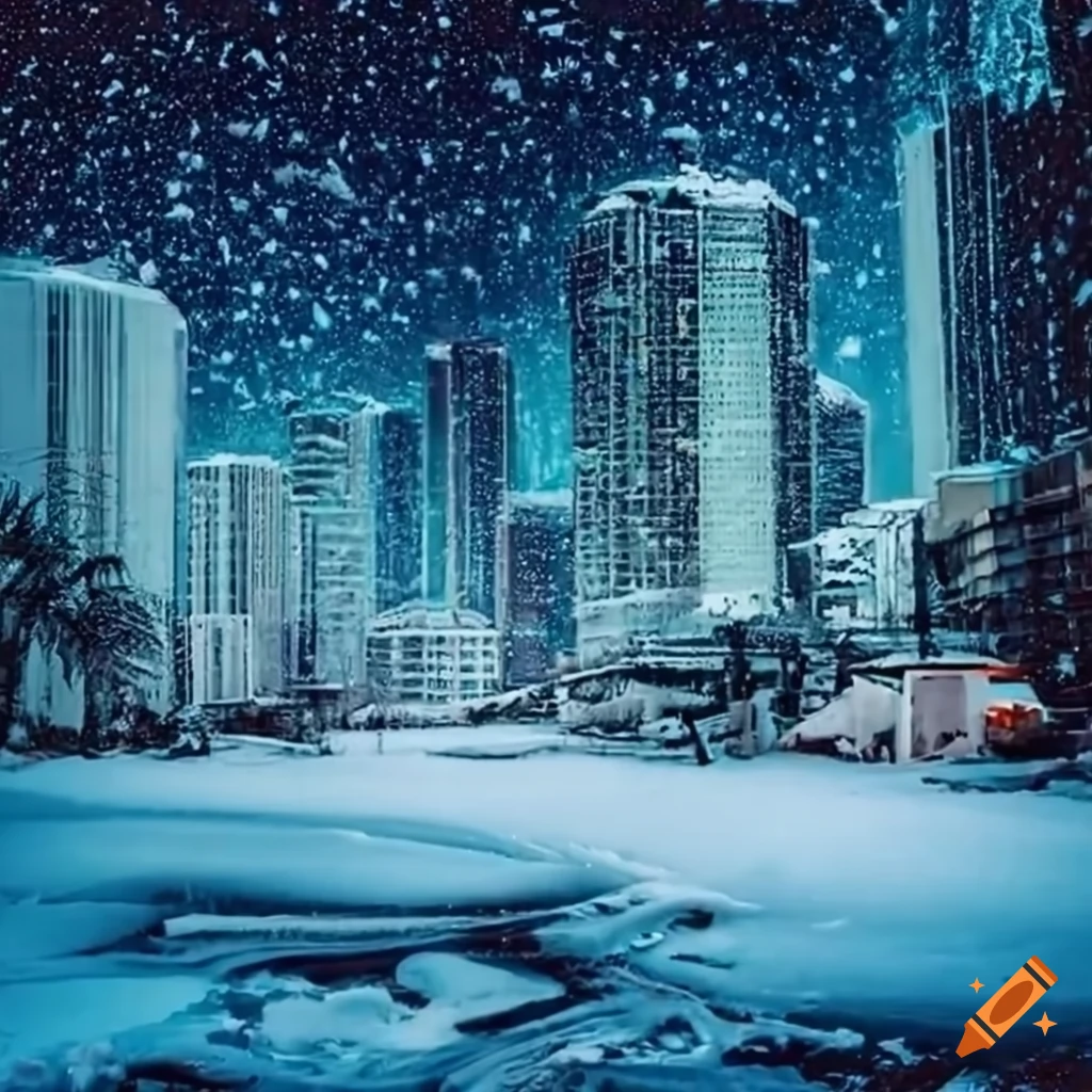 Post-apocalyptic miami city frozen in ice during a snowstorm on Craiyon