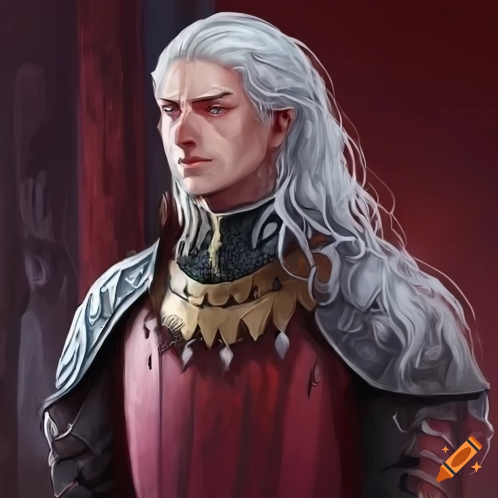 Commanding king with silver hair and violet irises in red Targaryen ...