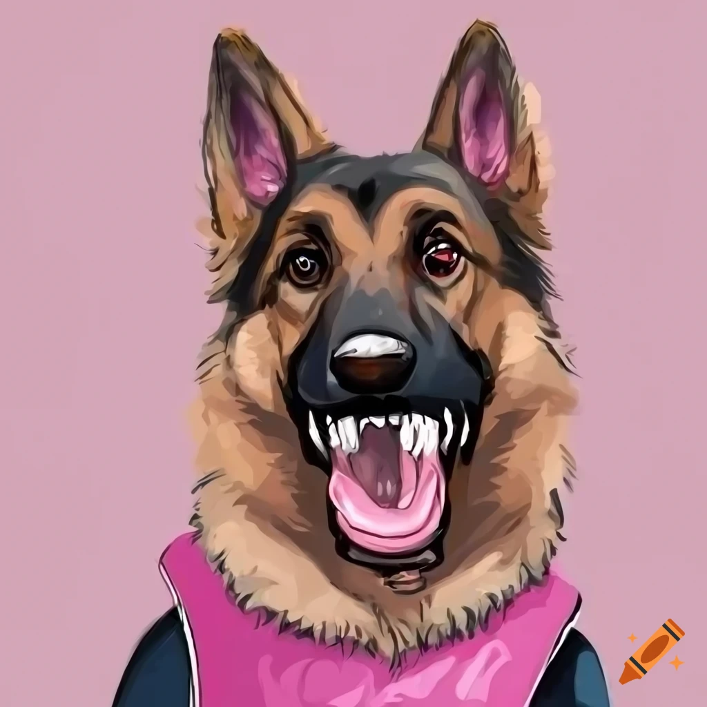 German shepherd service dog with closed mouth and pink vest in cartoon ...