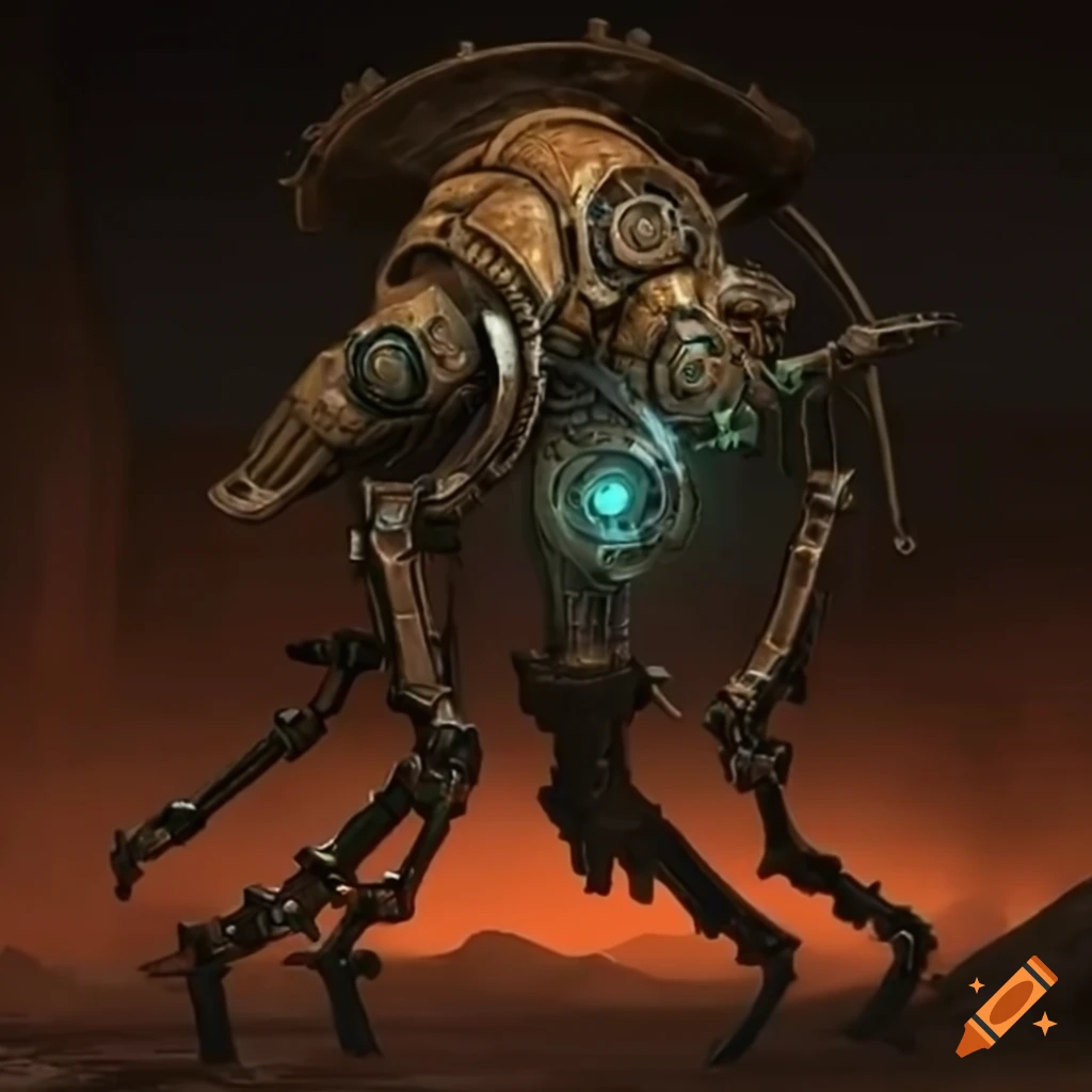 Futuristic steampunk warforged protoss tripod walker on martian soil on ...