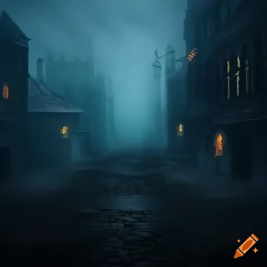Foggy spooky street scene with sword and sorcery elements in a mystical ...