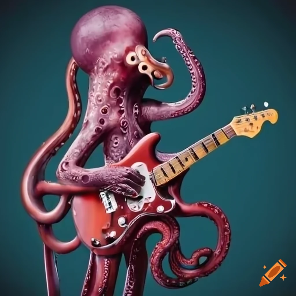 Octopus playing a fender stratocaster electric guitar on Craiyon