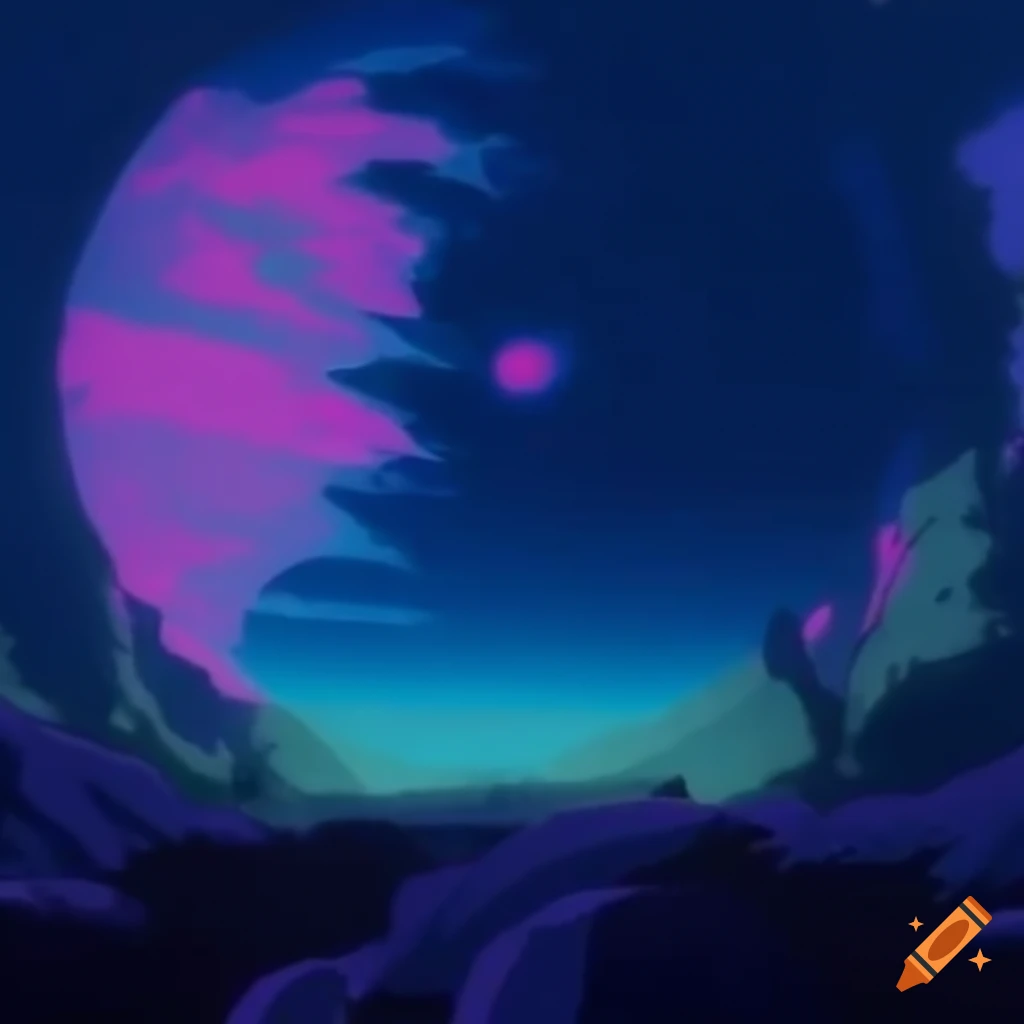 Planet rising over an alien landscape with mysterious plants and trees ...