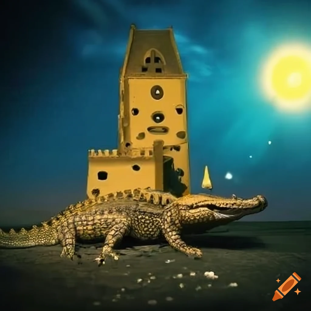 Front porch view of cheese castle guarded by cheese alligators under ...