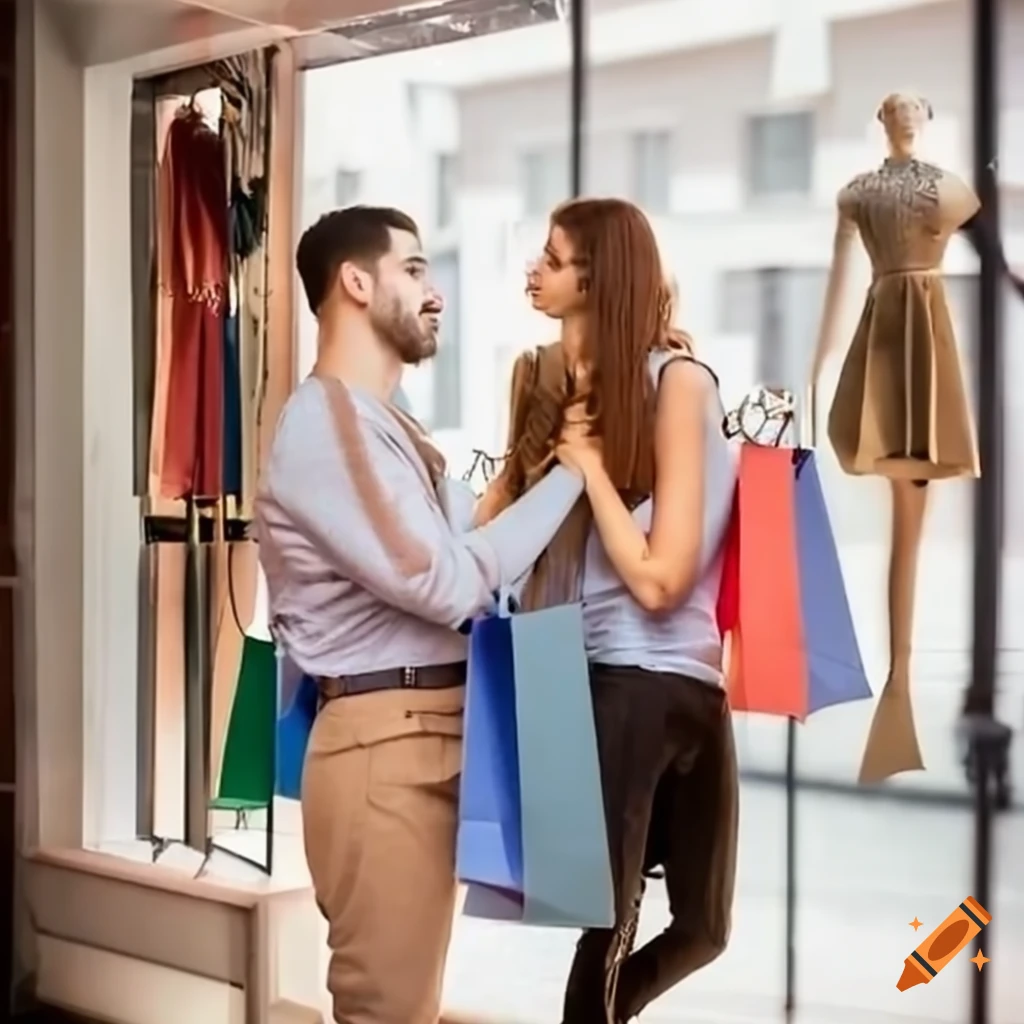 Romantic couple window shopping in a trendy boutique on Craiyon