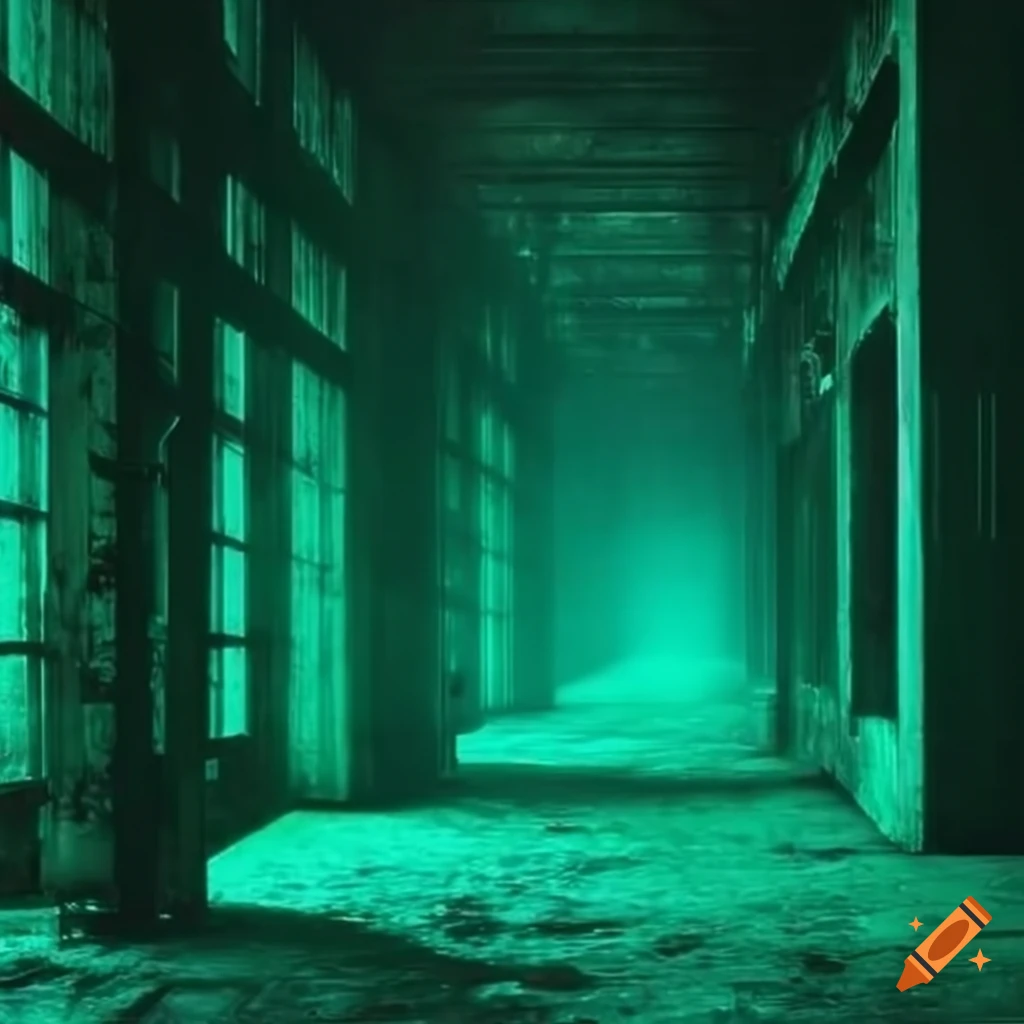 Foggy industrial rust with emerald green tiles and endless hallways on ...