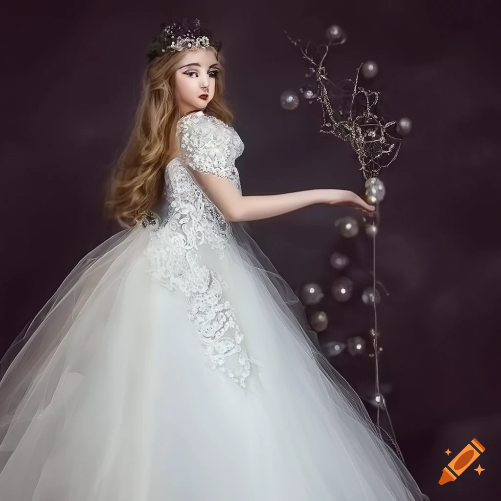 Fantasy princess in a white ball gown with lace and pearls on Craiyon