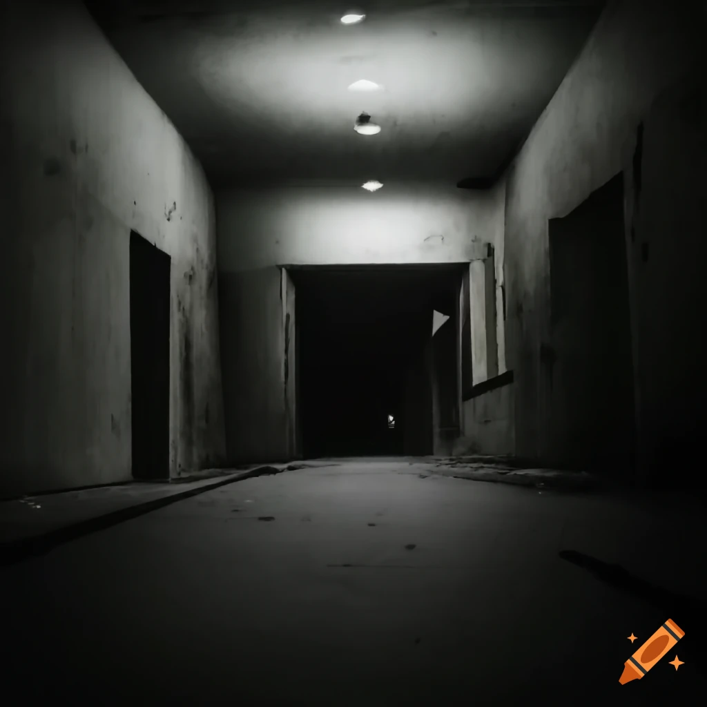 Creepy and eerie liminal space inside a building with empty grey ...